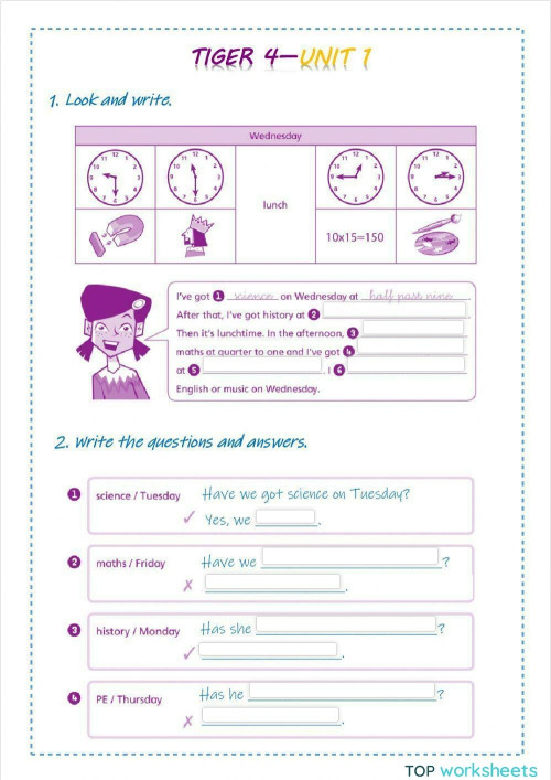 Tiger 4 - unit 1 - Timetable. Interactive worksheet | TopWorksheets