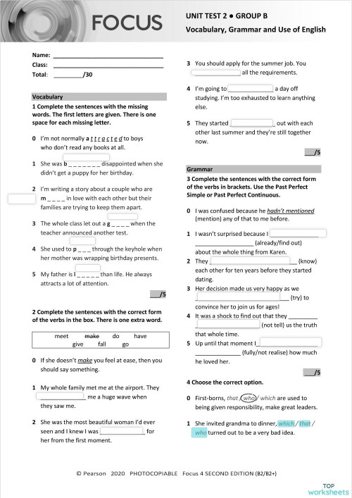 Focus 4 Unit 2 Test. Interactive worksheet | TopWorksheets