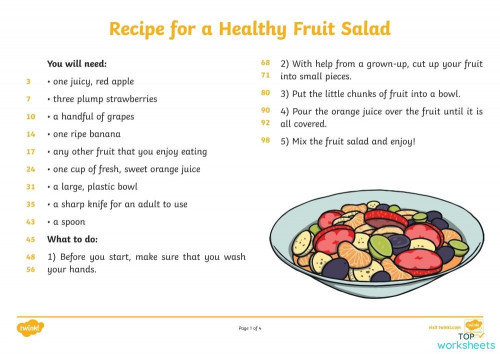Reading Recipe Of Healthy Fruit Salad Interactive Worksheet Reading Recipe Of Healthy Fruit Salad Interactive Worksheet