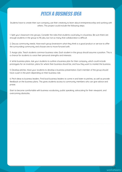 Pitch a Business Idea. Interactive worksheet | TopWorksheets