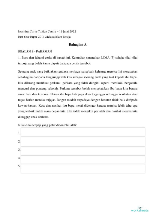 Past Year Paper MIB Tahun 6. Interactive worksheet | TopWorksheets