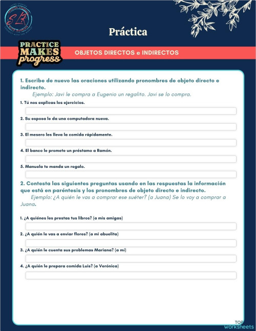 Objeto Directo e Indirecto (frases y preguntas). Ficha interactiva | TopWorksheets