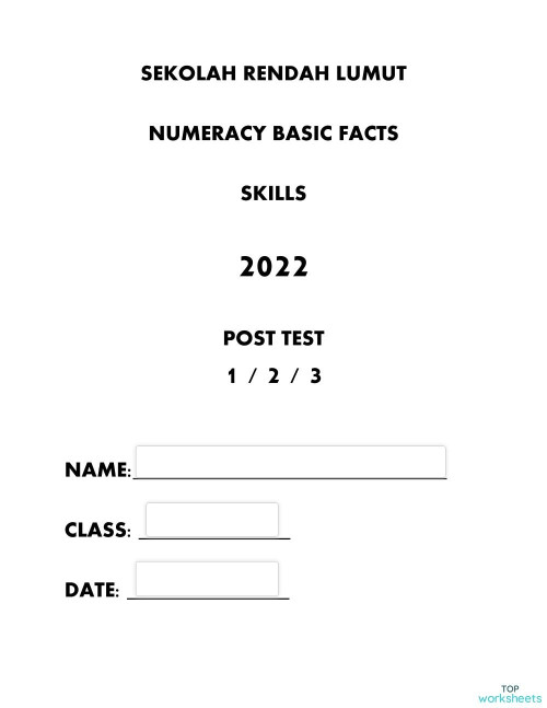 Year 1 Numeracy Basic Facts Skills Post test 3. Interactive worksheet ...