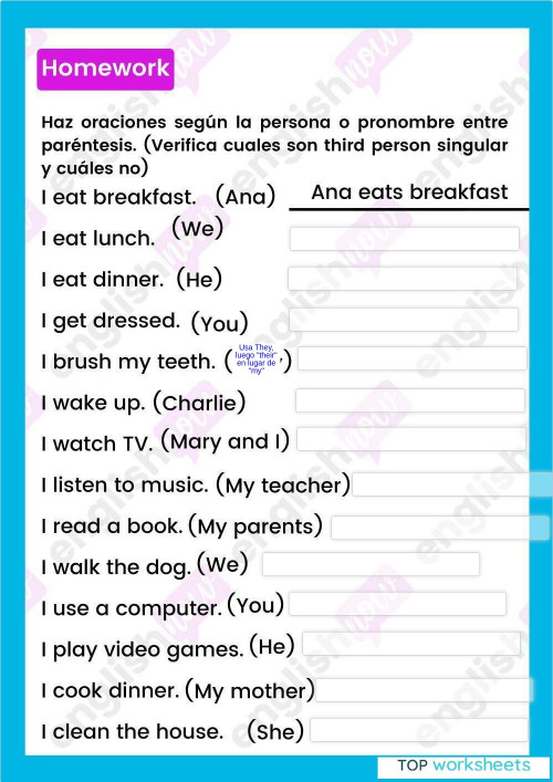 Regular verbs in simple present tense. Ficha interactiva | TopWorksheets