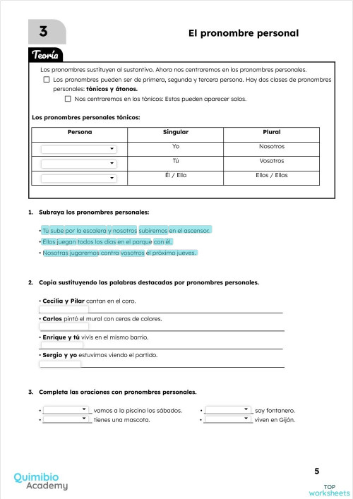 El pronombre personal. Ficha interactiva | TopWorksheets