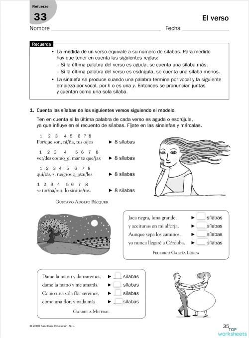 LA MEDIDA DE LOS VERSOS/ SINALEFA. Ficha interactiva | TopWorksheets