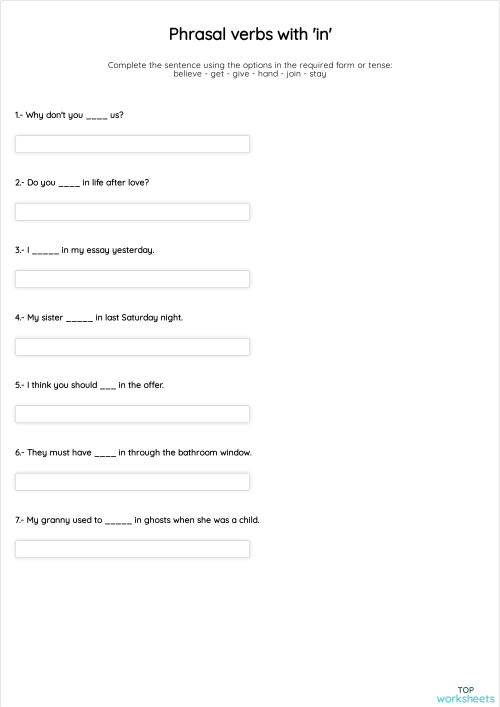 Phrasal verbs with 'in'. Interactive worksheet | TopWorksheets