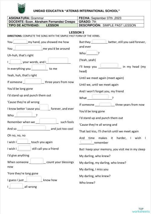 SIMPLE PAST SONG. Interactive worksheet | TopWorksheets