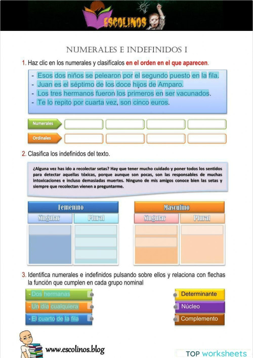 Numerales e indefinidos 1. Ficha interactiva | TopWorksheets