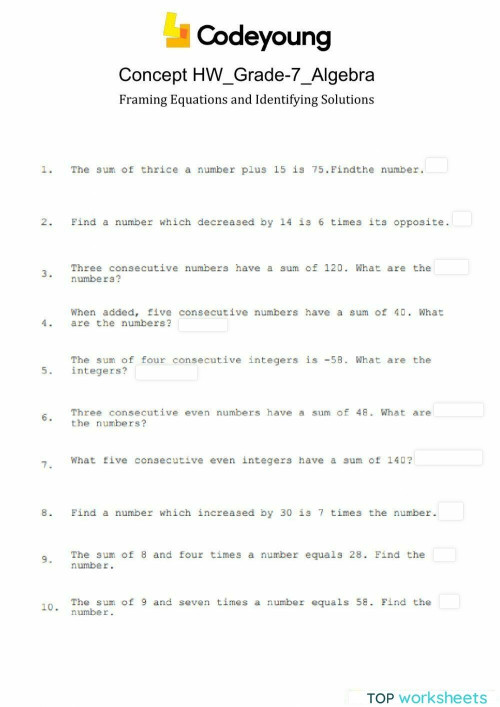 Framing Equations and Identifying Solutions Concept HW. Interactive ...
