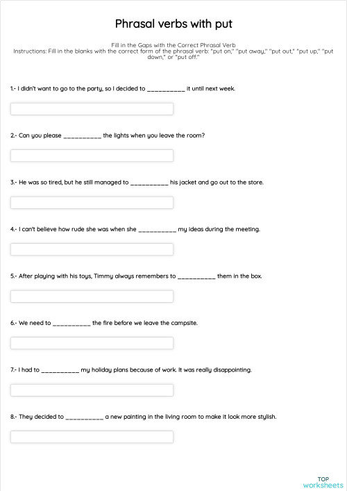 Phrasal verbs with put. Interactive worksheet | TopWorksheets