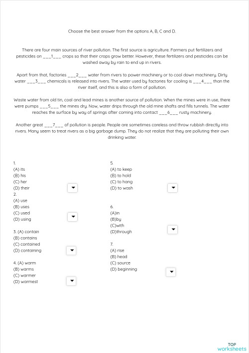 B1 - Pollution Cloze Text. Interactive worksheet | TopWorksheets