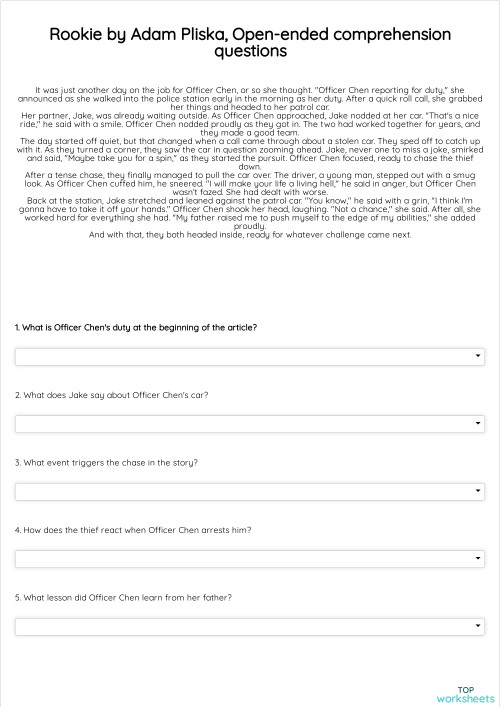 Rookie by Adam Pliska, A) Open-ended comprehension questions ...