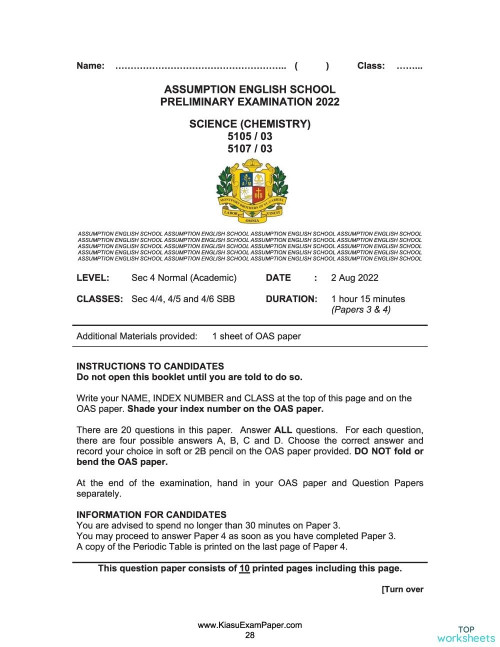 Assumption Eng Sch Sec 4NA Chem P3. Interactive worksheet | TopWorksheets