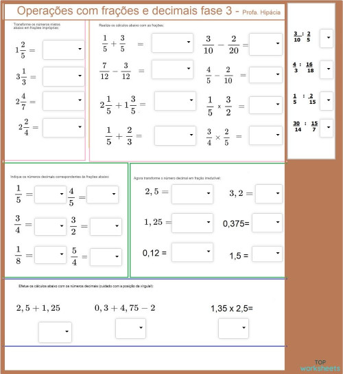 Frações e decimais, operações; fase 3. Ficha interativa | TopWorksheets