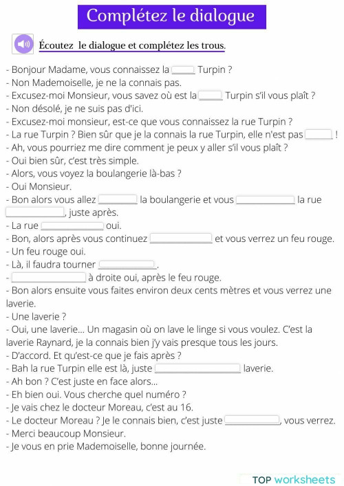 Complétez le dialogue. Fiche interactive | TopWorksheets