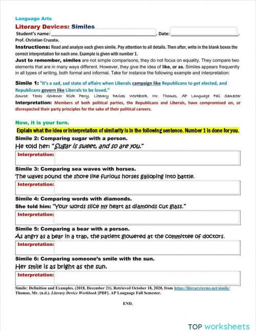 Literary Devices: SIMILE exercise. Interactive worksheet | TopWorksheets