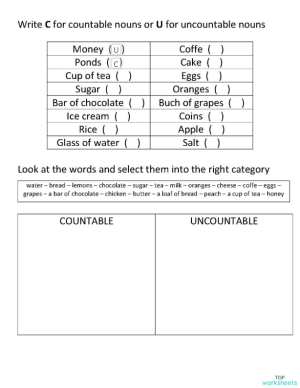 COUNTABLE AND UNCOUNTABLE. Interactive worksheet | TopWorksheets