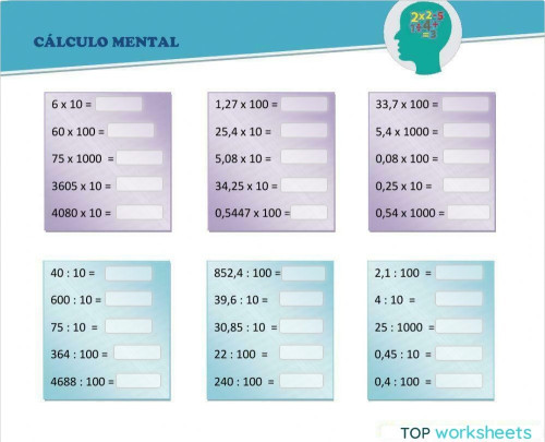 Cálculo x10 x100 x1000. Ficha interactiva | TopWorksheets