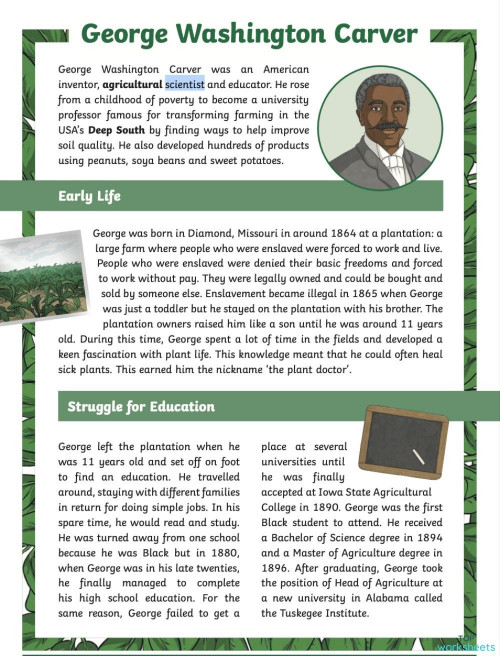 George Washington Carver - Level 4. Interactive worksheet | TopWorksheets