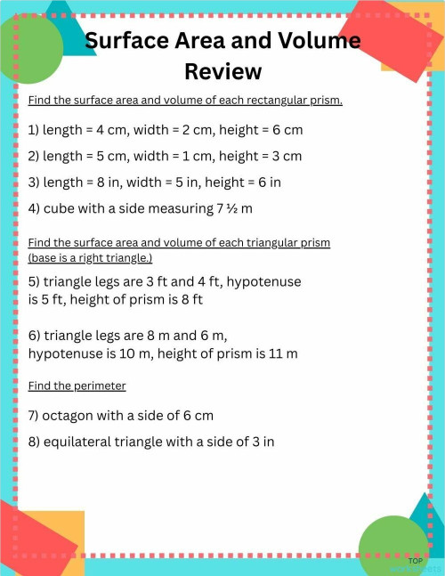 Surface Area and Volume Review. Interactive worksheet | TopWorksheets