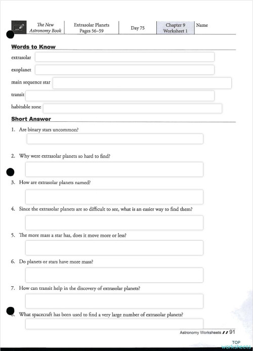 Chapter 9: Extrasolar Planets Worksheet 1 Pg 91-92. Interactive ...