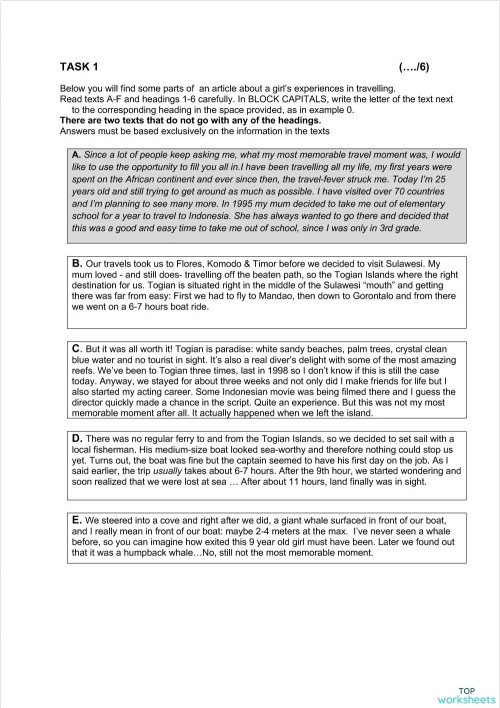 EXPERIENCES IN TRAVELLING- CTE-C2. Interactive worksheet | TopWorksheets