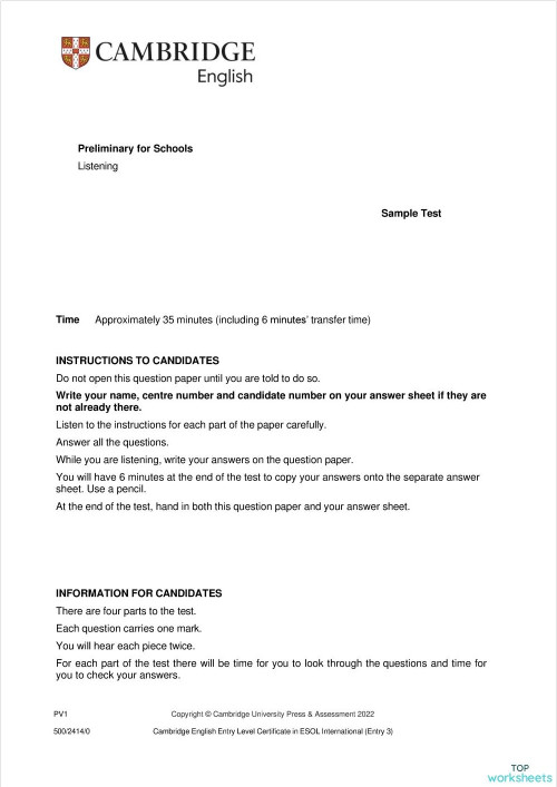 B1 Prelminary - L - Sample Test. Interactive worksheet | TopWorksheets
