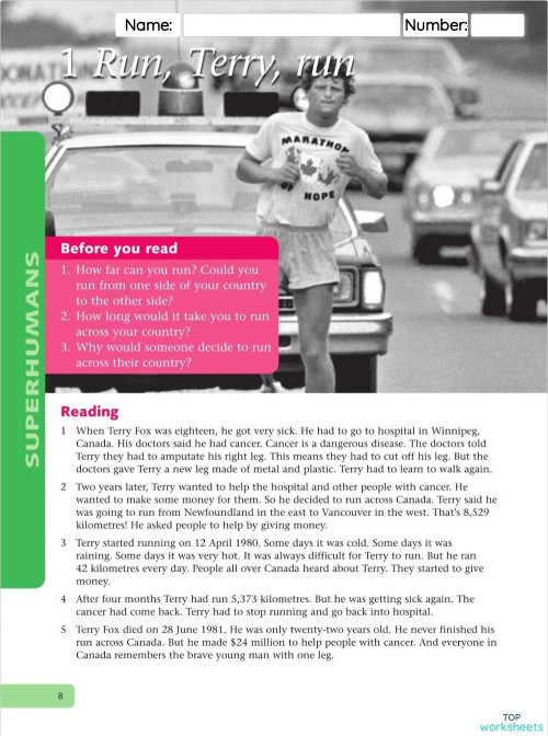Reading: Run, Terry, run. Interactive worksheet | TopWorksheets