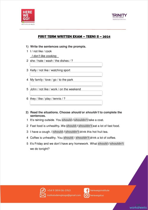 FIRST TERM EXAM -TEENS II (TT). Interactive worksheet | TopWorksheets