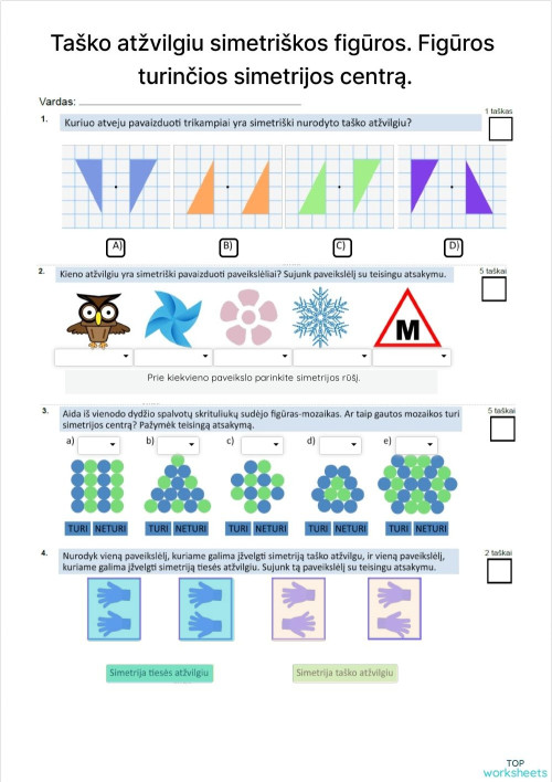 Taško atžvilgiu simetriškos figūros. Interactive worksheet | TopWorksheets