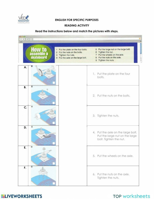 Assembly of a skateboard. Interactive worksheet | TopWorksheets