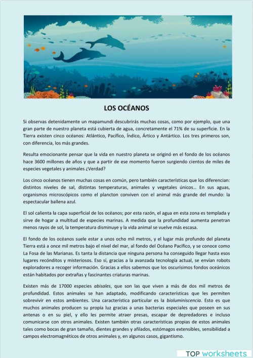 Lectura: Los océanos. Ficha interactiva | TopWorksheets