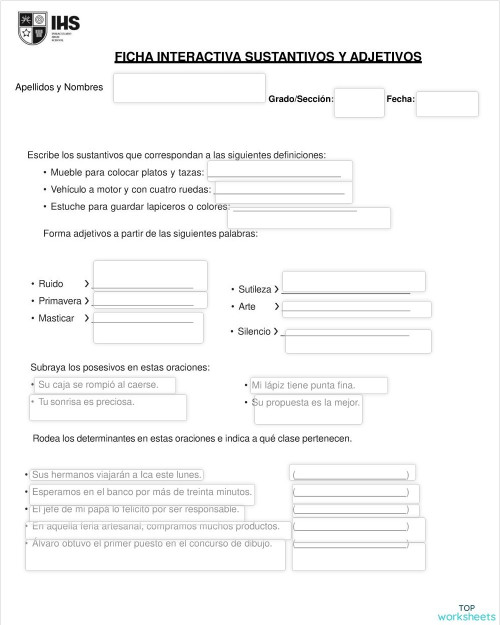 SUSTANTIVOS Y ADJETIVOS: fichas interactivas y ejercicios online ...