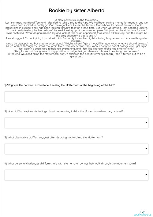 Rookie by sister Alberta, Comprehension Questions (Open-ended ...