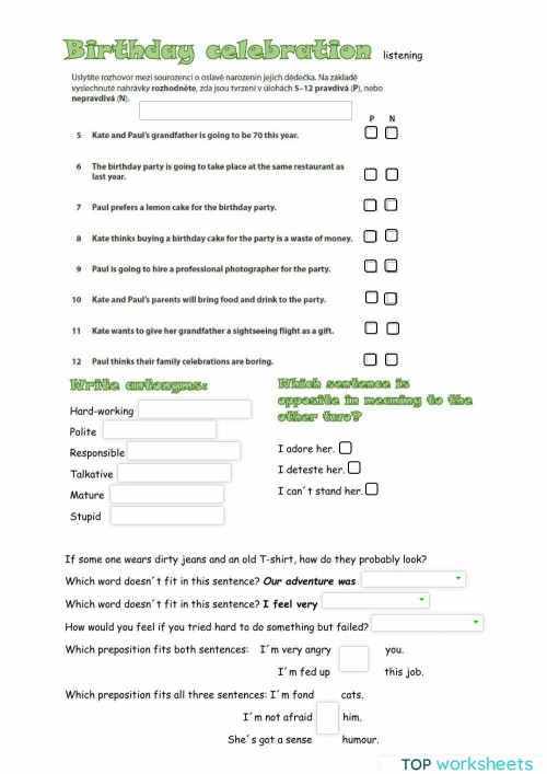 Birthday party listening. Interactive worksheet | TopWorksheets