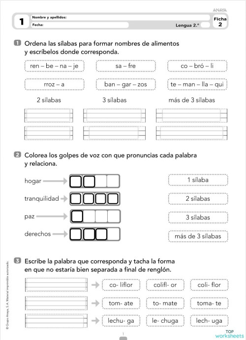 La sílaba y la palabra. Ficha interactiva | TopWorksheets