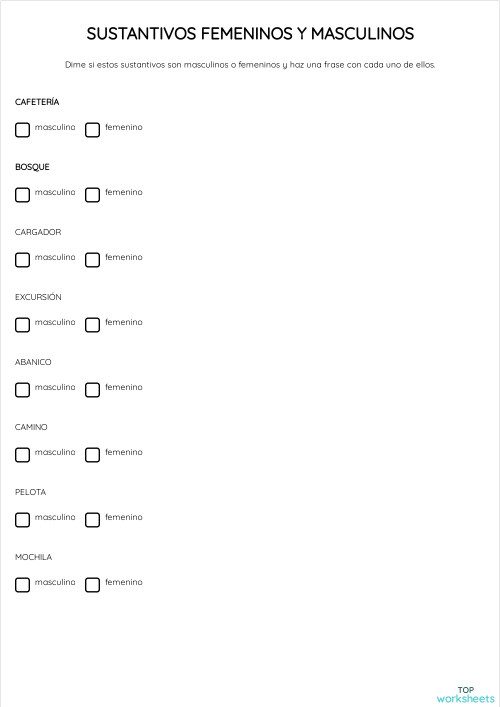SUSTANTIVOS FEMENINOS Y MASCULINOS. Ficha interactiva | TopWorksheets