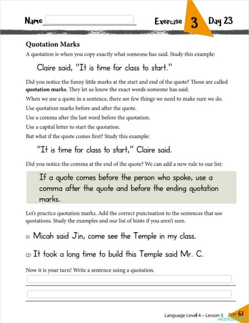 Lesson 5: Quotation Marks Pg 61. Interactive worksheet | TopWorksheets
