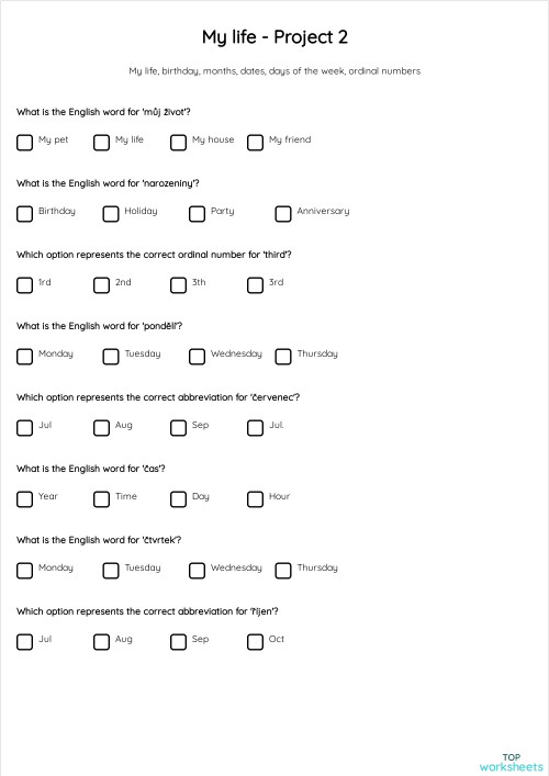 My life - Project 2. Interaktivní pracovní list | TopWorksheets