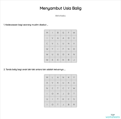 Menyambut Usia Balig. Lembar kerja interaktif | TopWorksheets