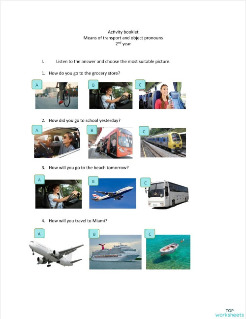 Activity booklet means of transport and object pronouns. Ficha ...