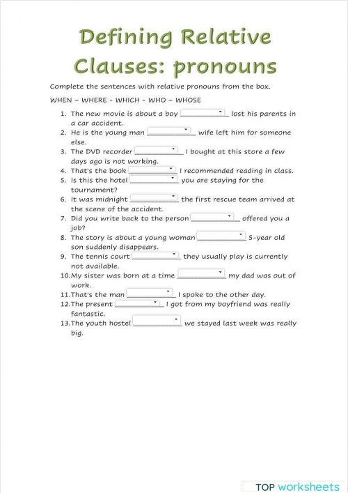 Defining relative pronouns. Interactive worksheet | TopWorksheets