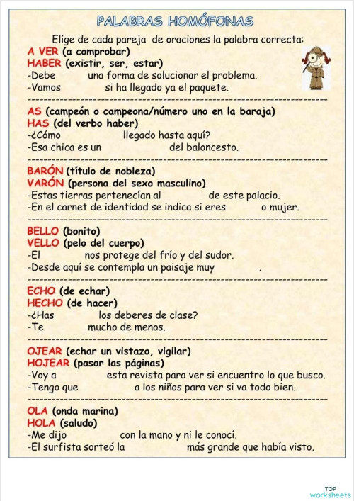 PALABRAS HOMÓFONAS. Ficha interactiva | TopWorksheets
