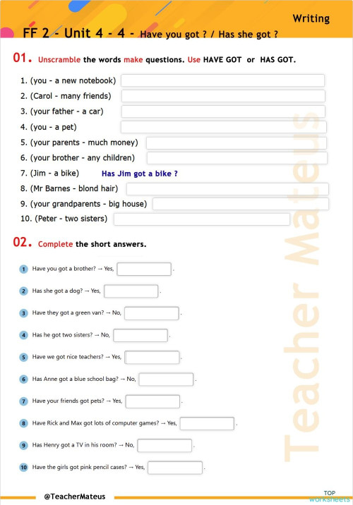 FF 2 - Unit 04 - 4 - Have you got ? / Has she got ? - Writing ...