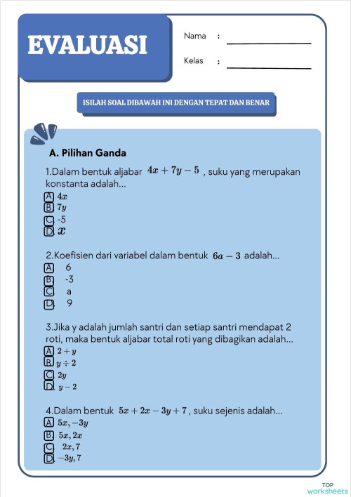 Unsur-Unsur Aljabar. Interactive worksheet | TopWorksheets