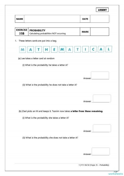 Probability of not occurring. Interactive worksheet | TopWorksheets