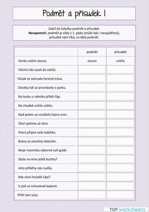 Čeština: interaktivní pracovní listy a online cvičení | TopWorksheets