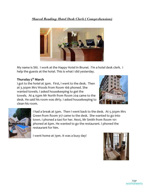 Hotel desk clerk (Hotel Receptionist) worksheet. Interactive worksheet ...