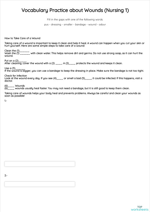 Vocabulary Practice about Wounds (Nursing 1). Interactive worksheet ...